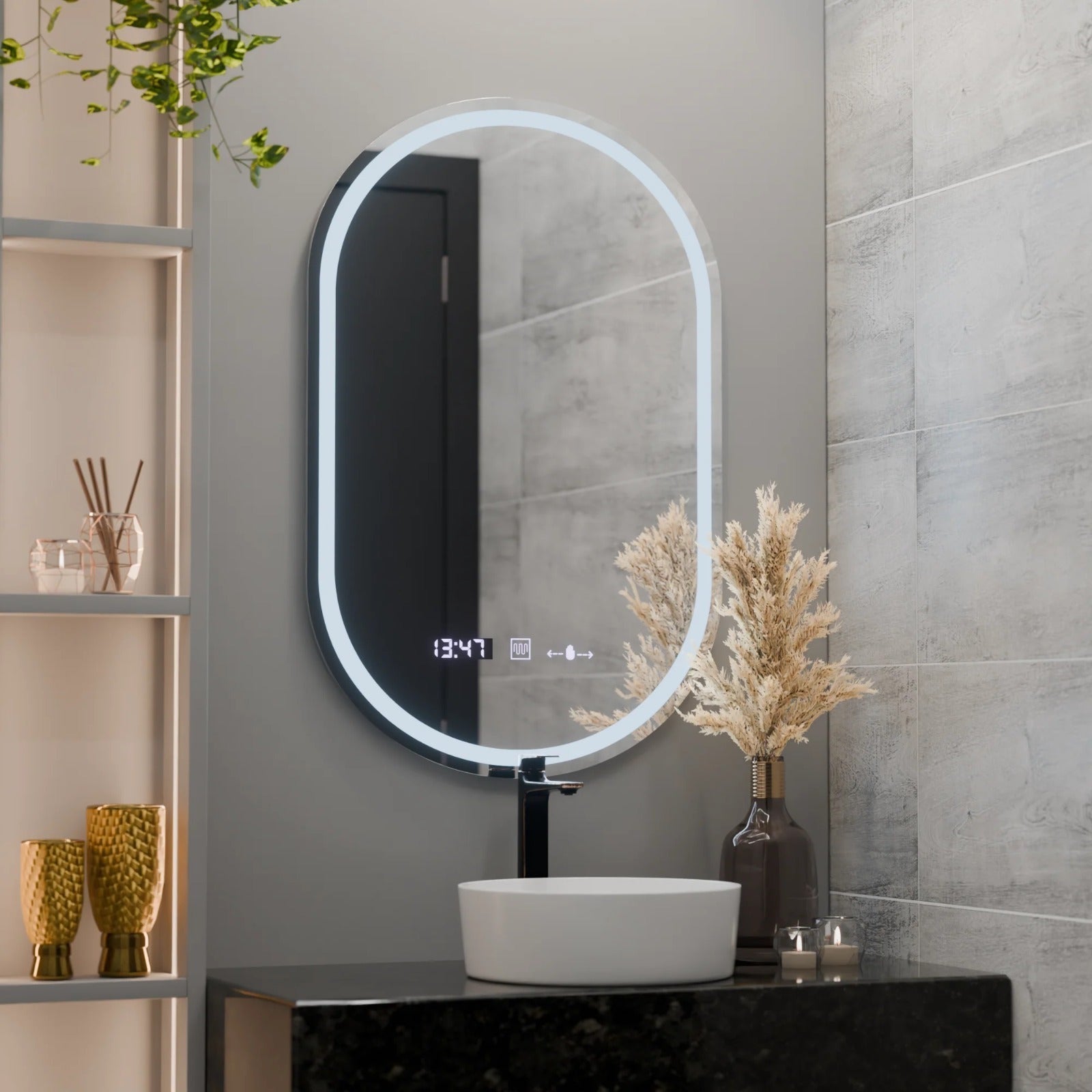 Oglinda LED Ovala 50x80cm Senzor, 3 Lumini, Ceas, Dezaburire si Touch ...