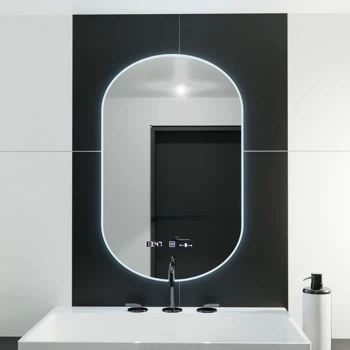 Oglinda LED 50x80cm Ovala, Senzor, 3 Lumini, Ceas, Dezaburire si Touch ...