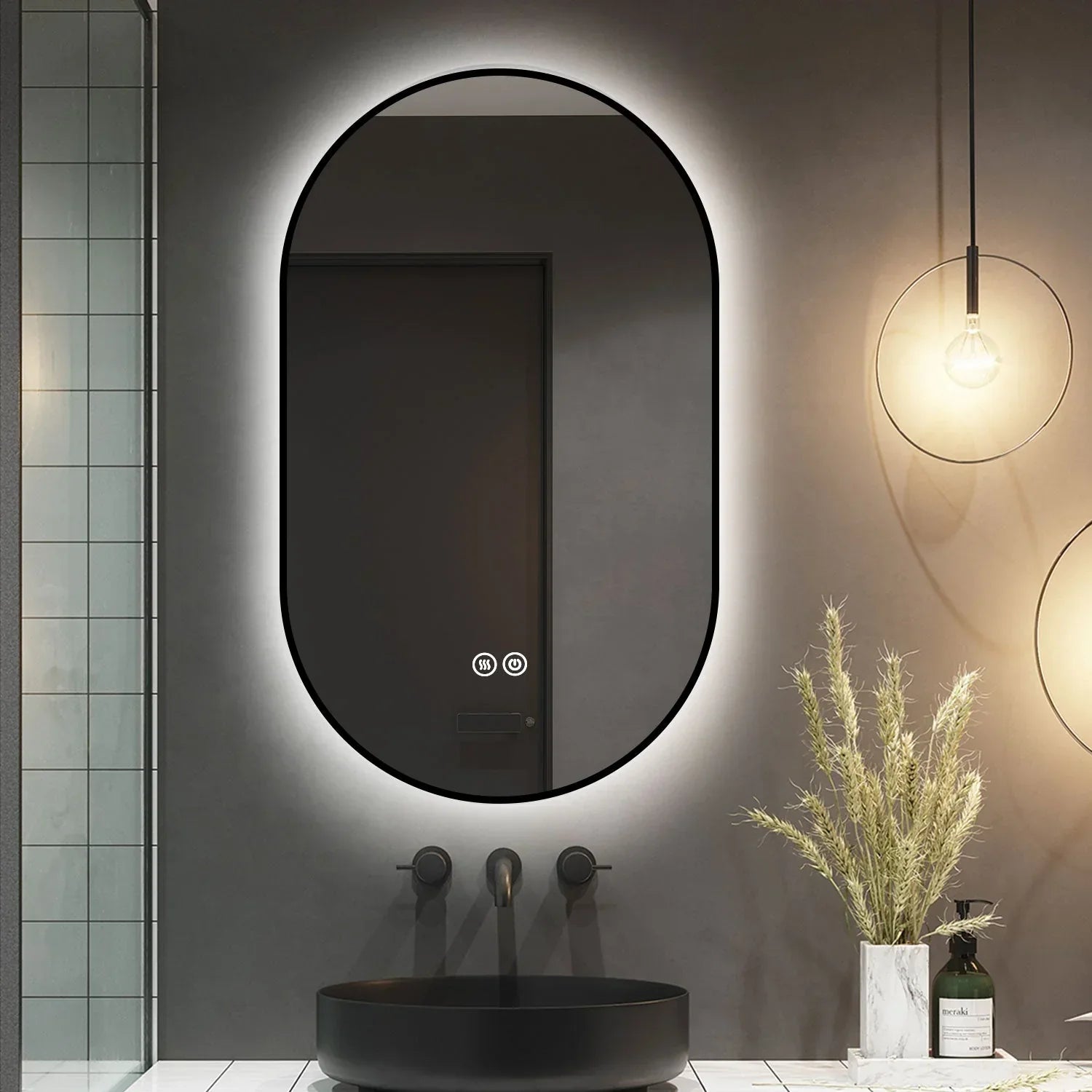 Oglinda LED Ovala 50x80cm Rama Neagra, 3 Lumini, Ceas, Dezaburire si T ...