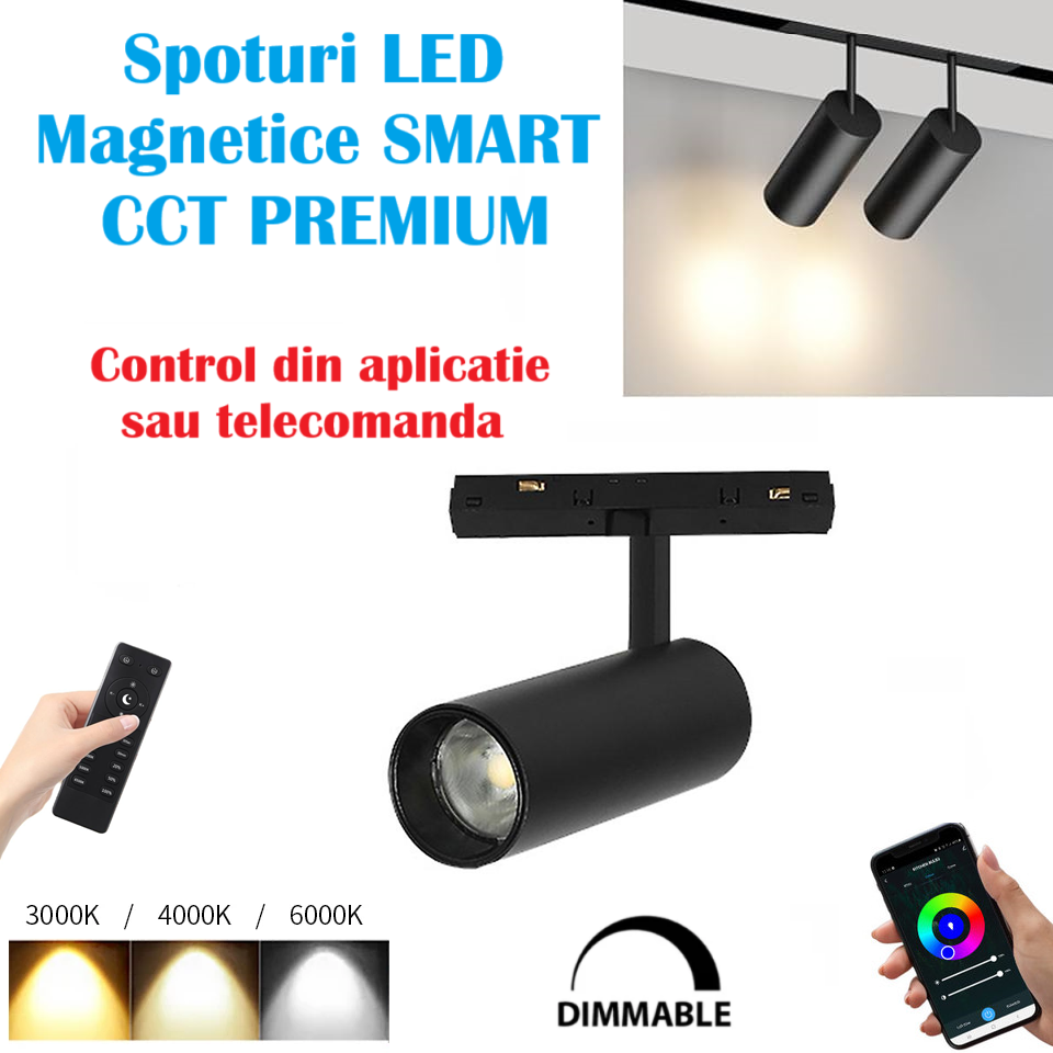 Spot LED 10W Magnetic Cilindru SMART CCT Negru Telecomanda MG3001-10w ...